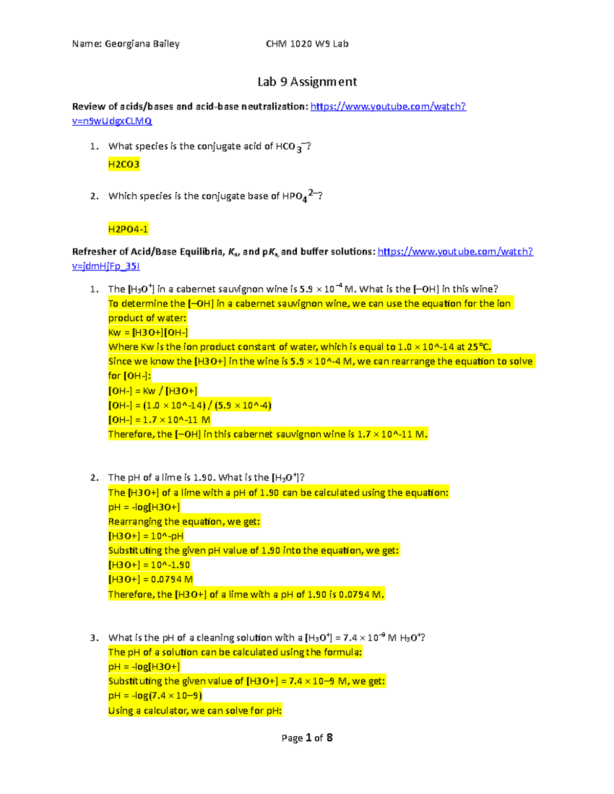 Chm1020 w9 lab assignment - Lab 9 Assignment Review of acids/bases and acid-base neutralization ...