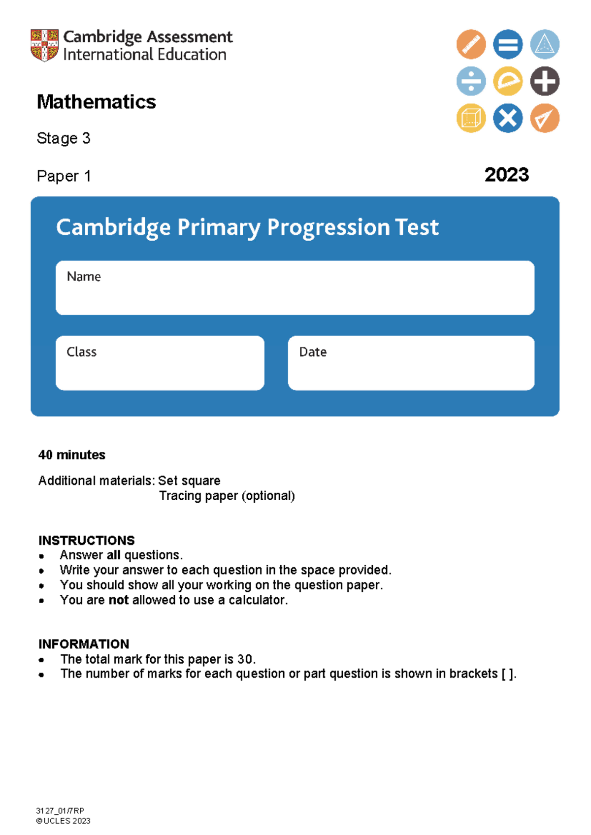 Mathematics Stage 3 Progression Test Paper 1 - 2023 - Studocu