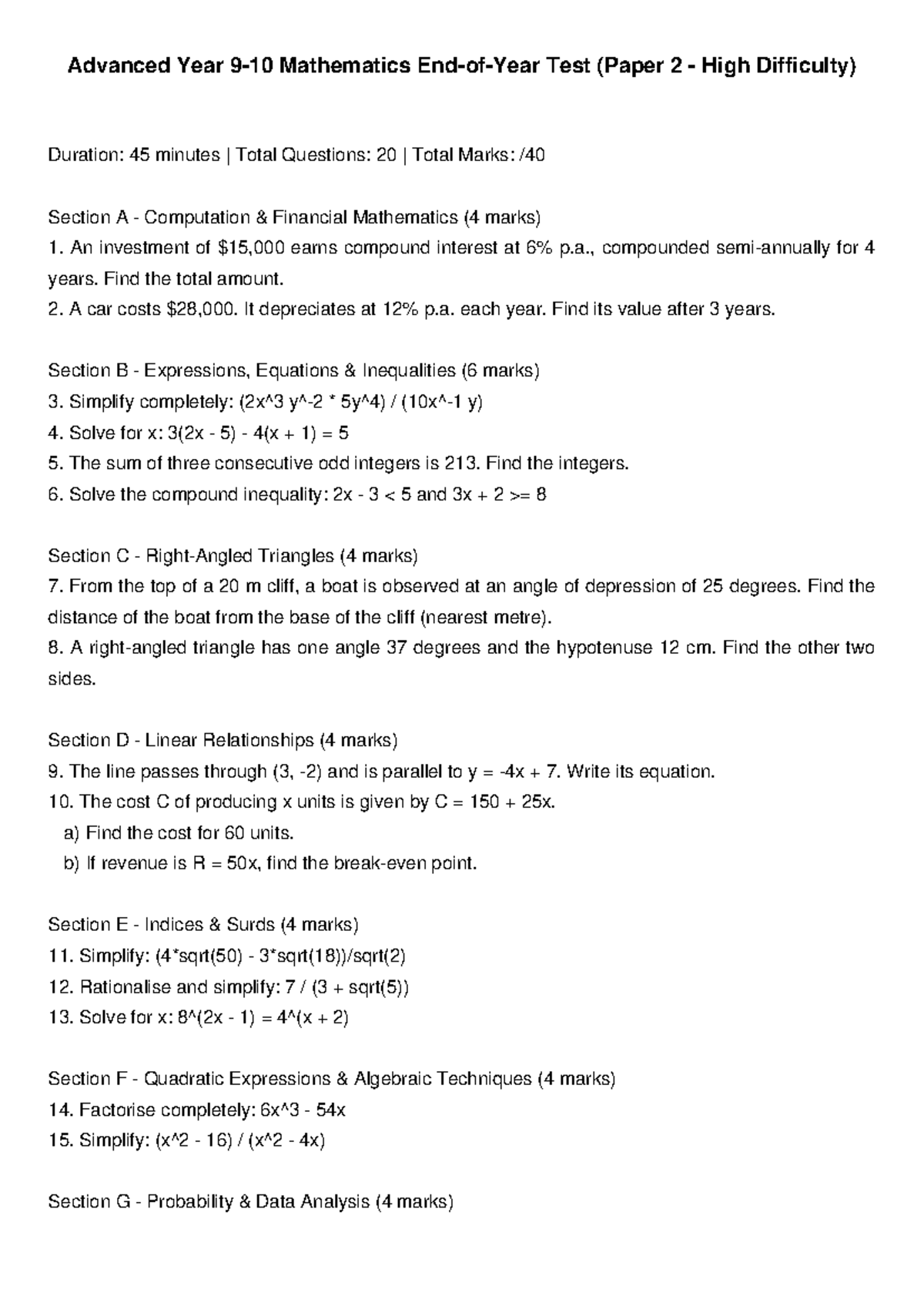 Advanced Year 9-10 Maths Test (Paper 2) - High Difficulty - Studocu