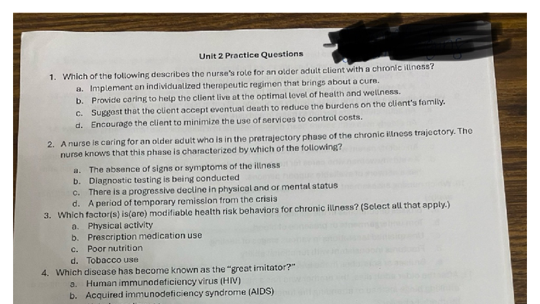 Unit 2 Practice Questions for Chronic Illness - Exam Prep - Studocu