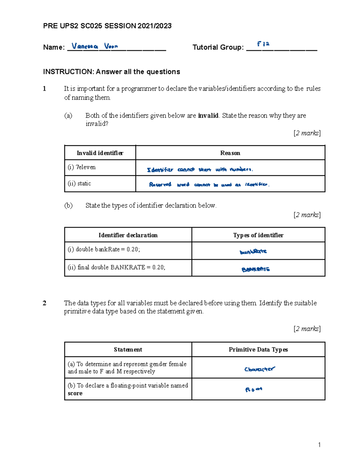 Pre UPS 2 - Programming Examination on Variables and Identifiers - Studocu