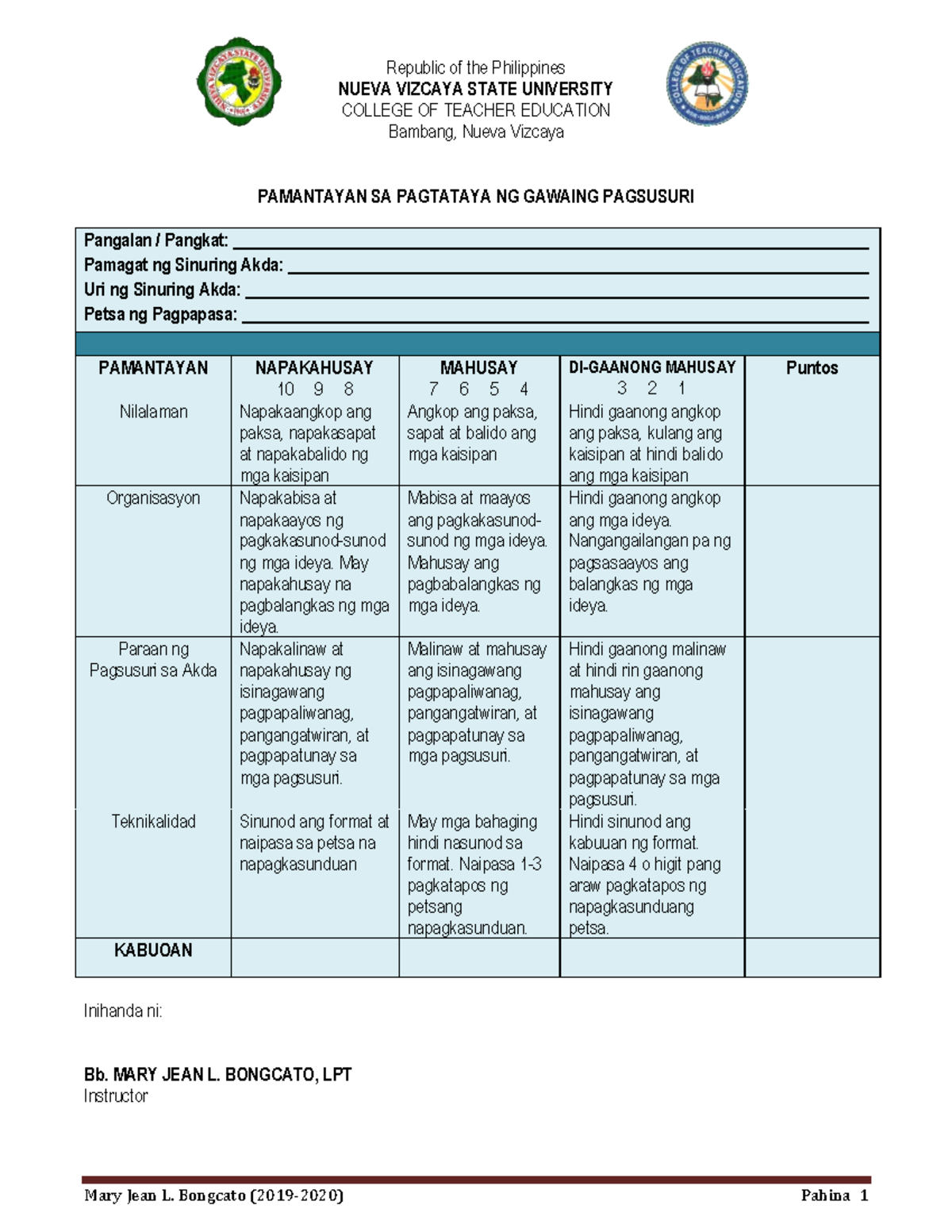 Rubrik sa Pagsusuri ng Akdang Pampanitikan: Pamantayan at Pagsusuri ...