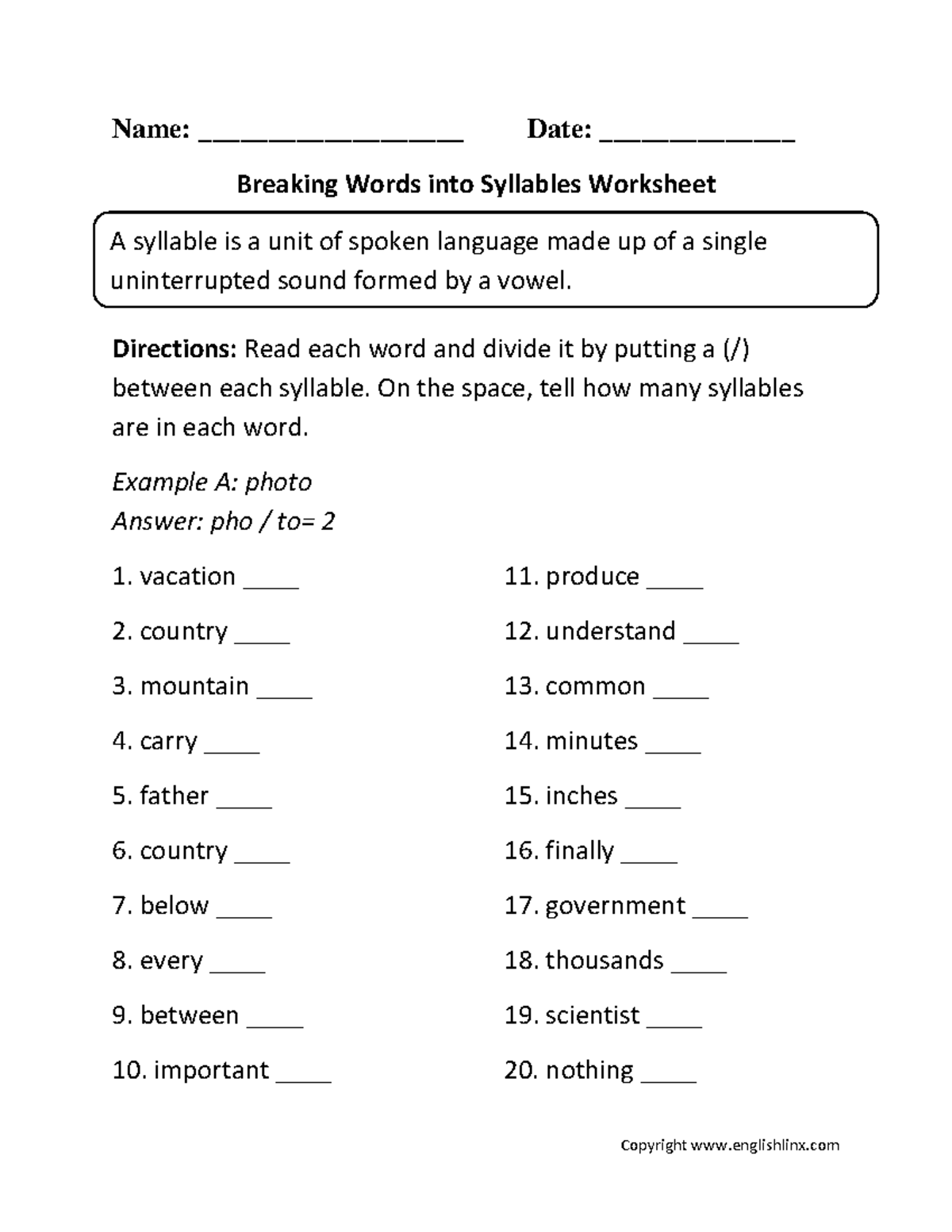 Breaking Words into Syllables Worksheet - Name ...