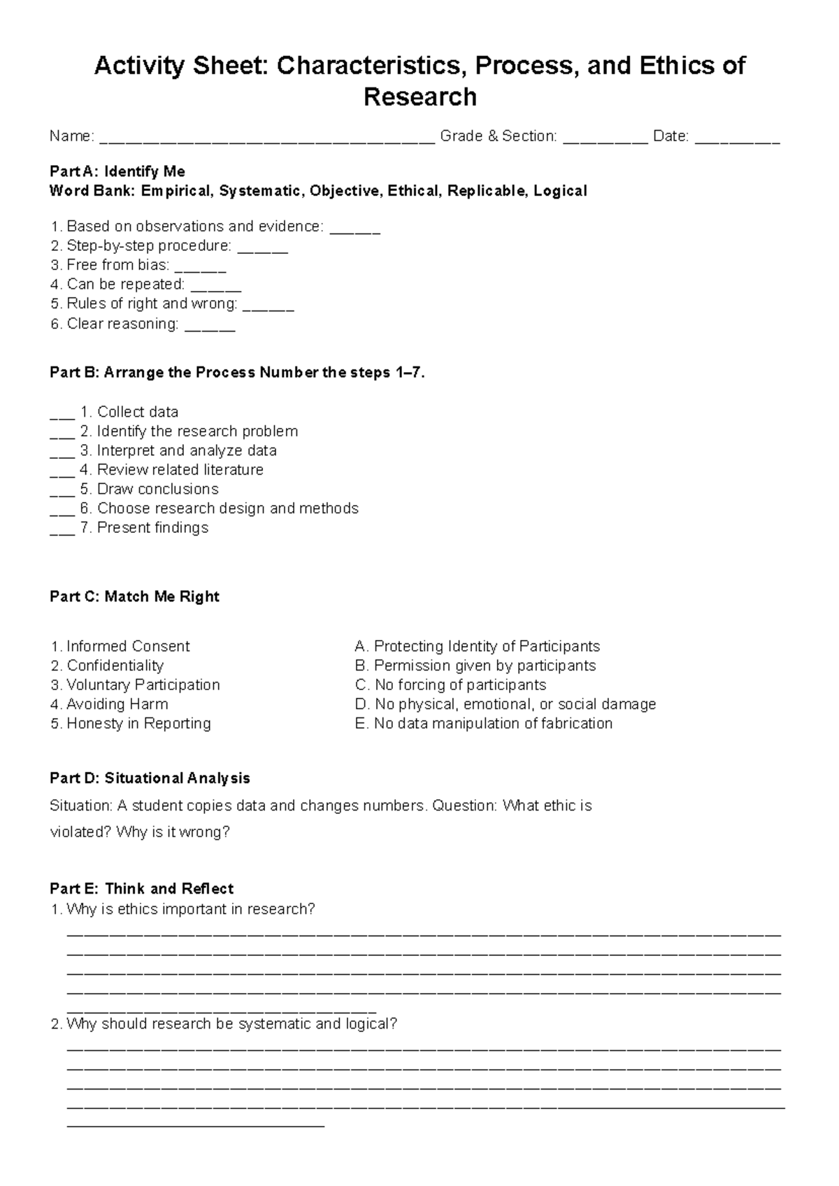 Research Activity Sheet: Characteristics & Ethics of Research - Studocu