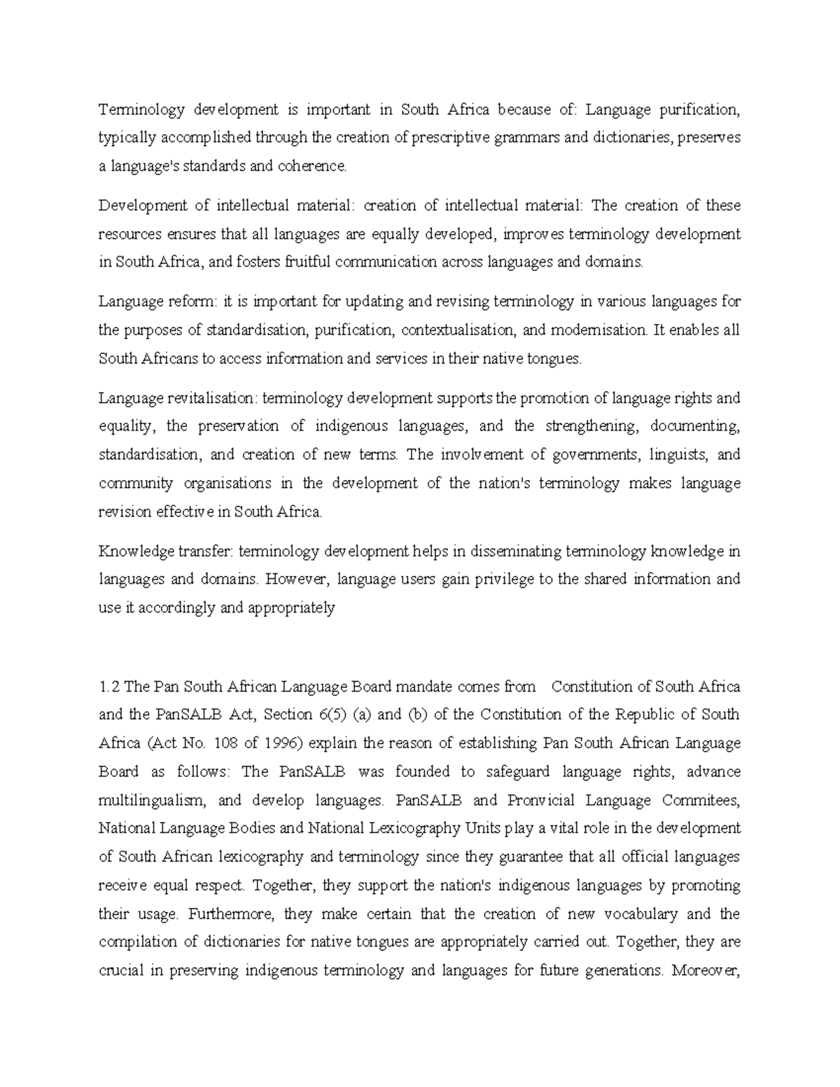 TLE 101 Assignment 1 - Terminology Development in South Africa - Studocu