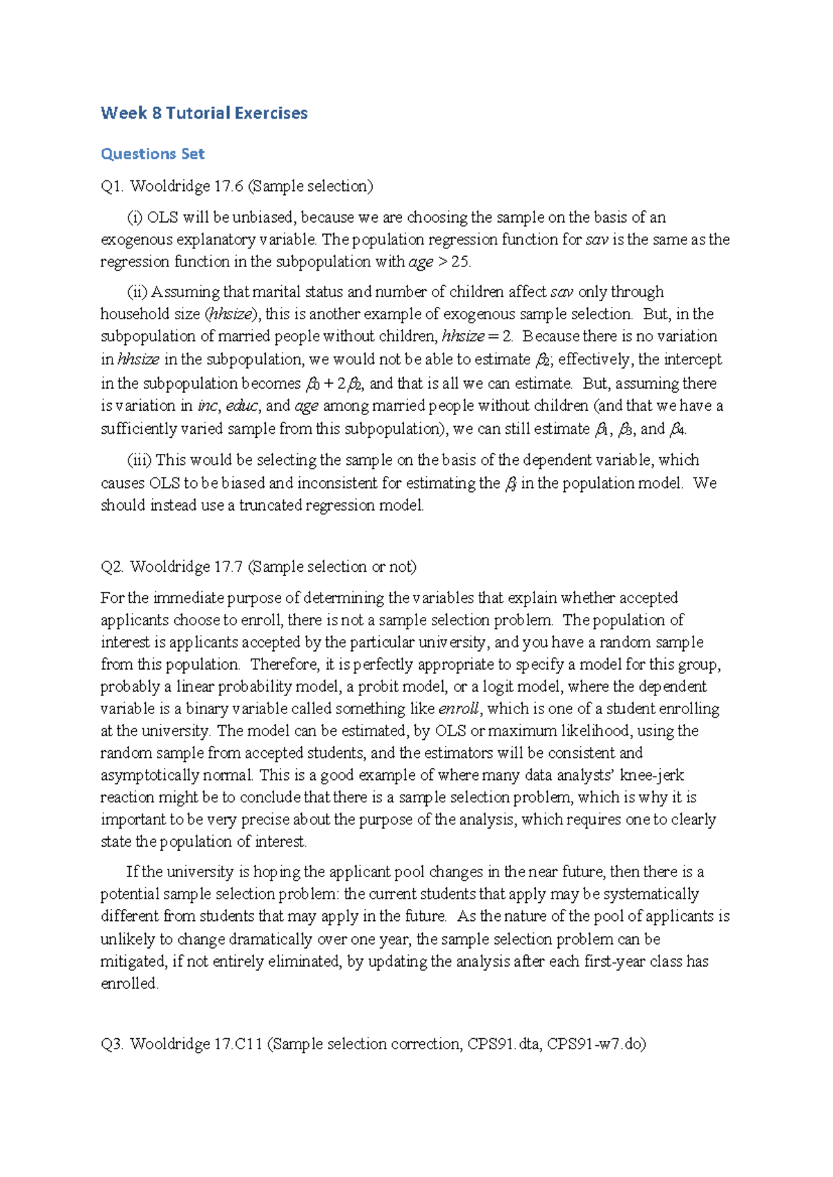 W8 Tutorial Exercises Solutions: Wooldridge 17.6, 17.7, 14.C7 Analysis ...
