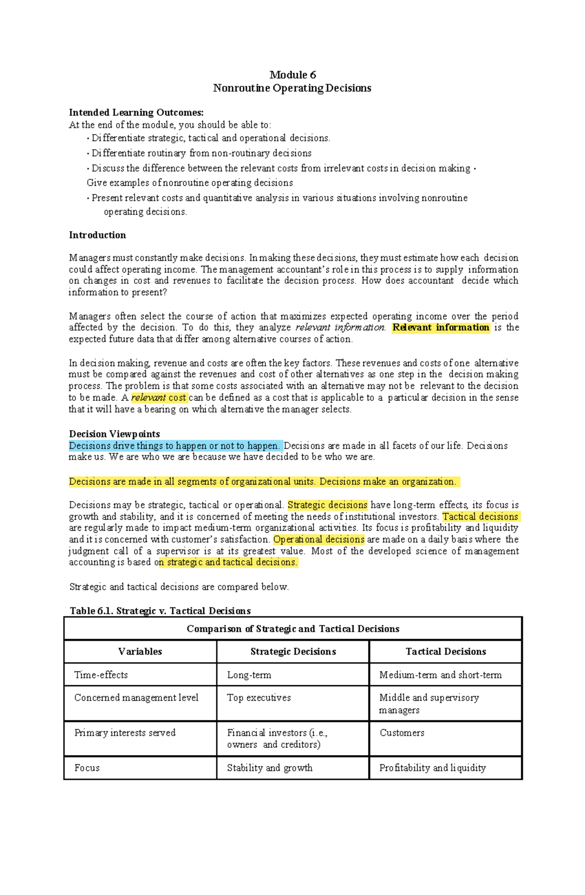 Nonroutine Operating Decisions - Module 6 Nonroutine Operating ...
