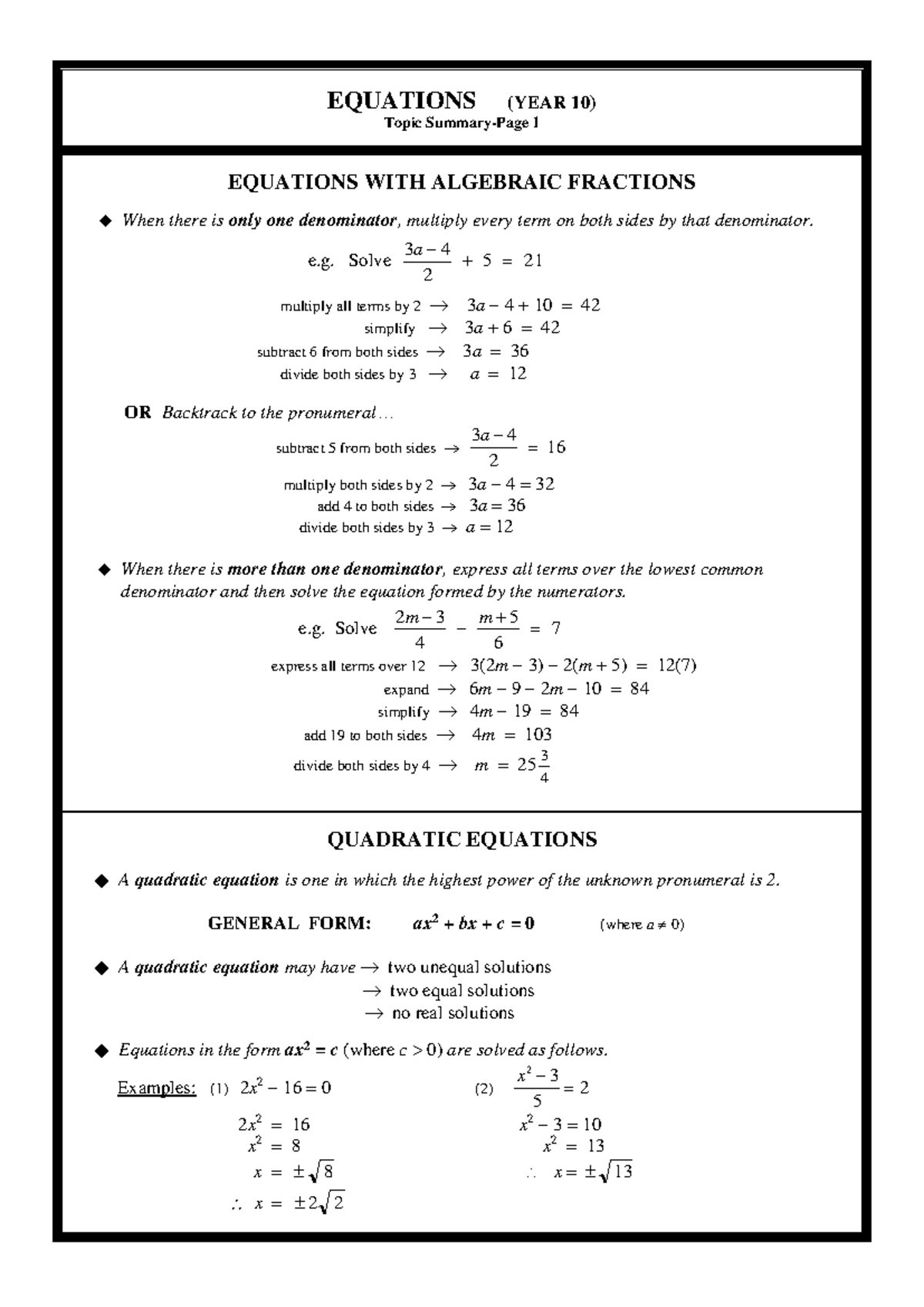 Equations with Algebraic Fractions & Quadratics (YR10) - Studocu