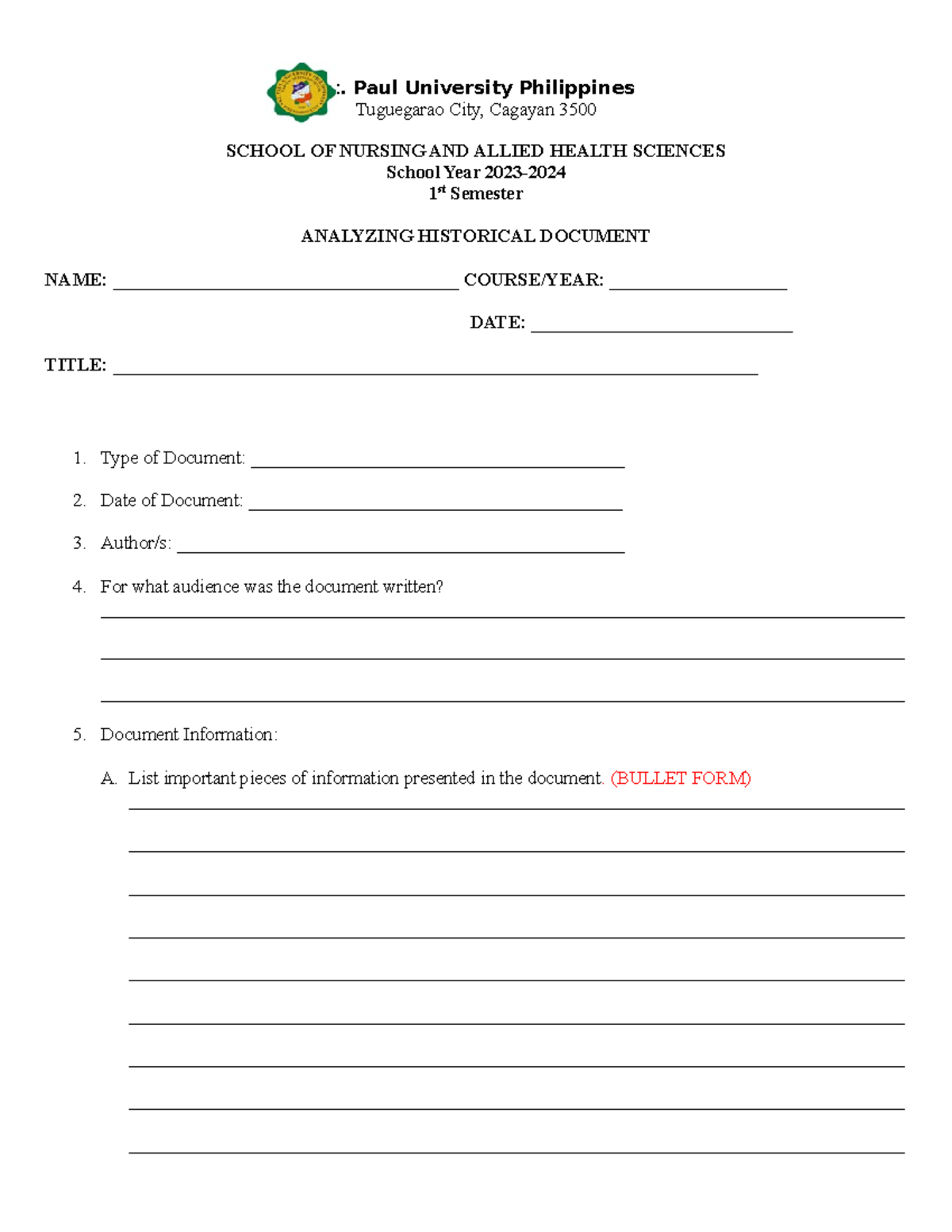 Historical Document Analysis Template for Nursing 1st Sem 2023 - Studocu