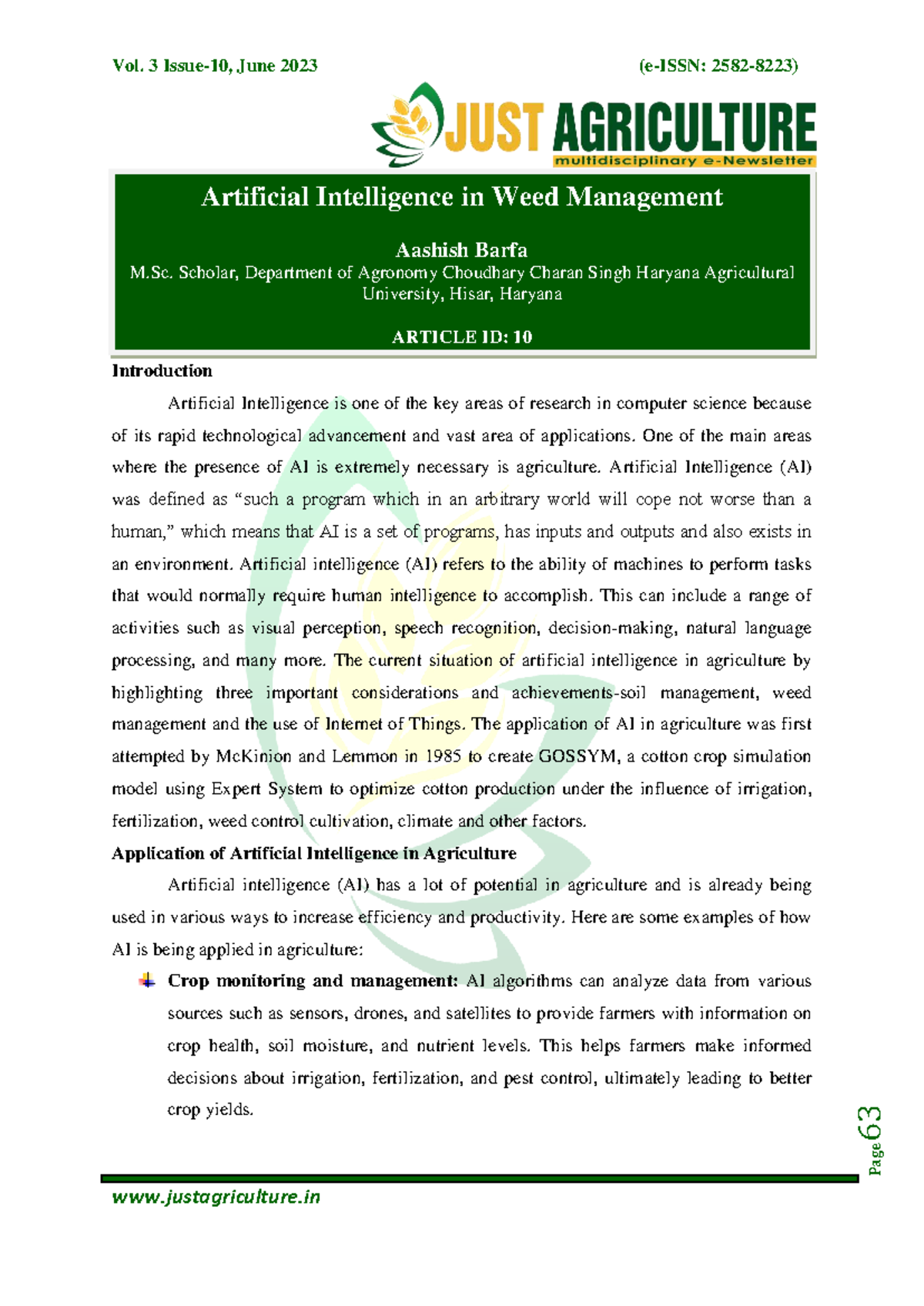 AI Applications in Weed Management - Vol. 3 June 2023 - Studocu