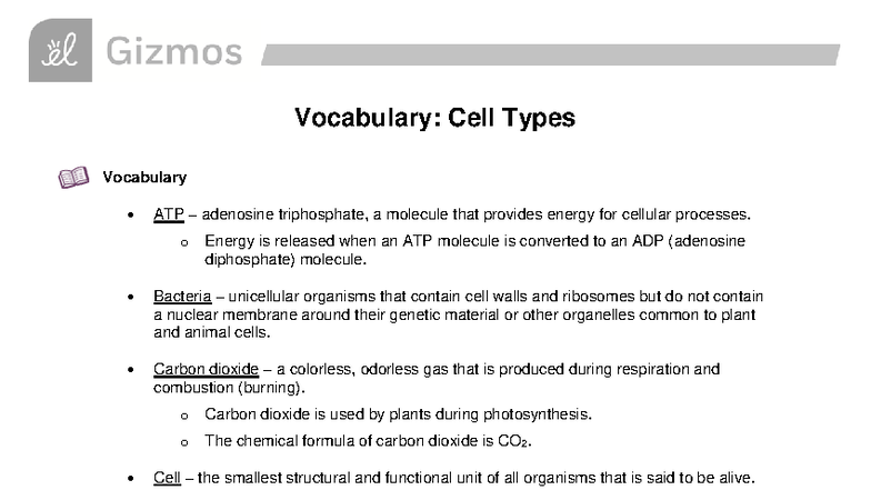 Cell Types Vocabulary: Key Terms and Definitions for Biology - Studocu