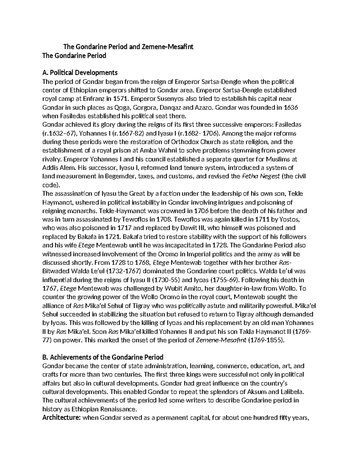 Gondarine Period & Zemene-Mesafint: Political Developments (Hist 200 ...