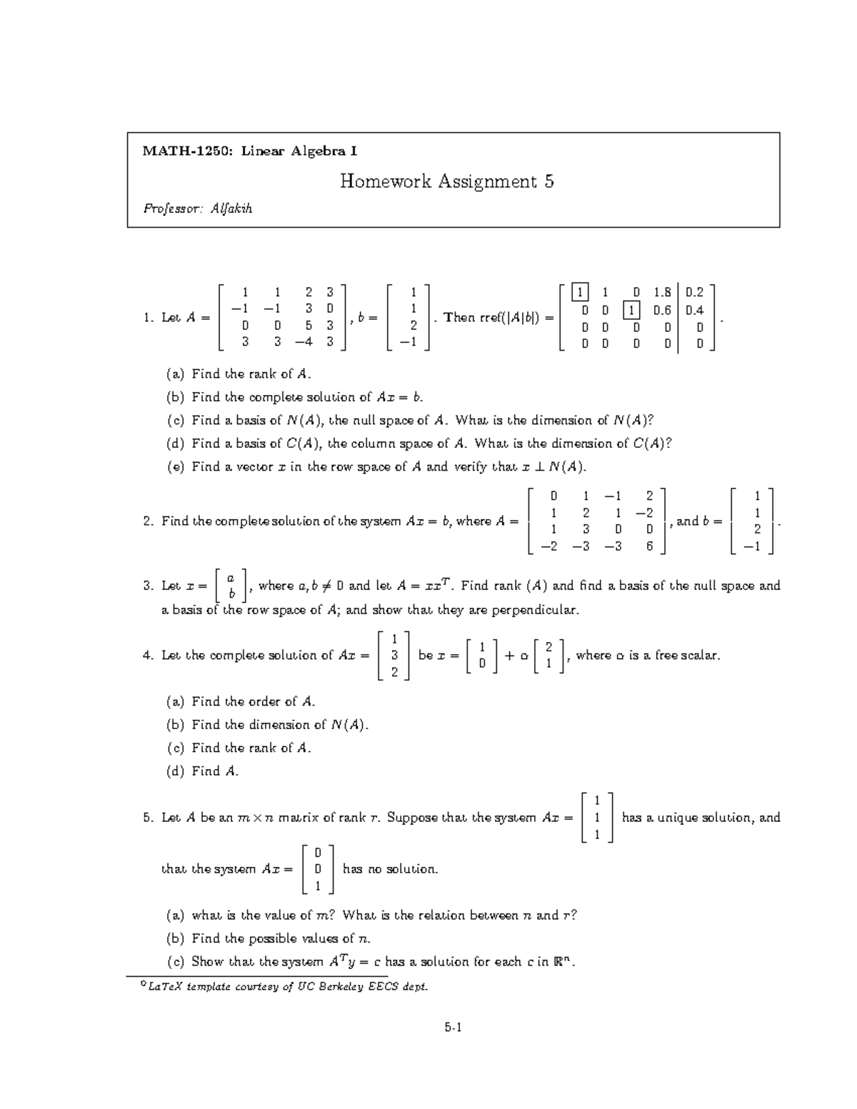 Linear Algebra I Homework Assignment 5: Vector Spaces Analysis - Studocu