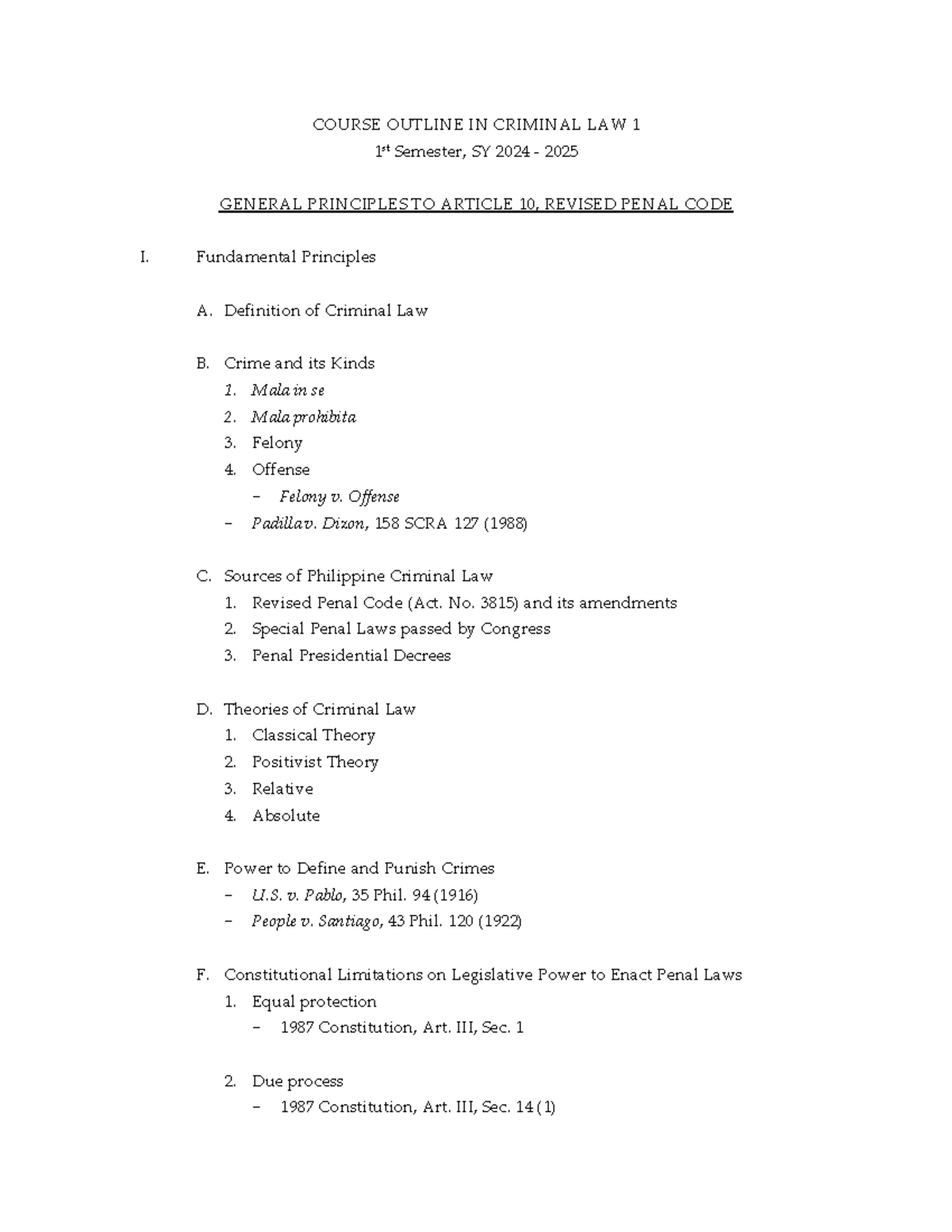 CASE LIST - CRIMINAL LAW I (CRIM LAW I) - Comprehensive Overview - Studocu