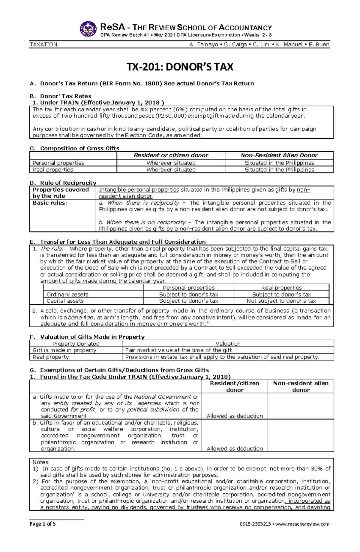 TAX-201 Donor's Tax Review Notes for CPA Exam Preparation - Studocu