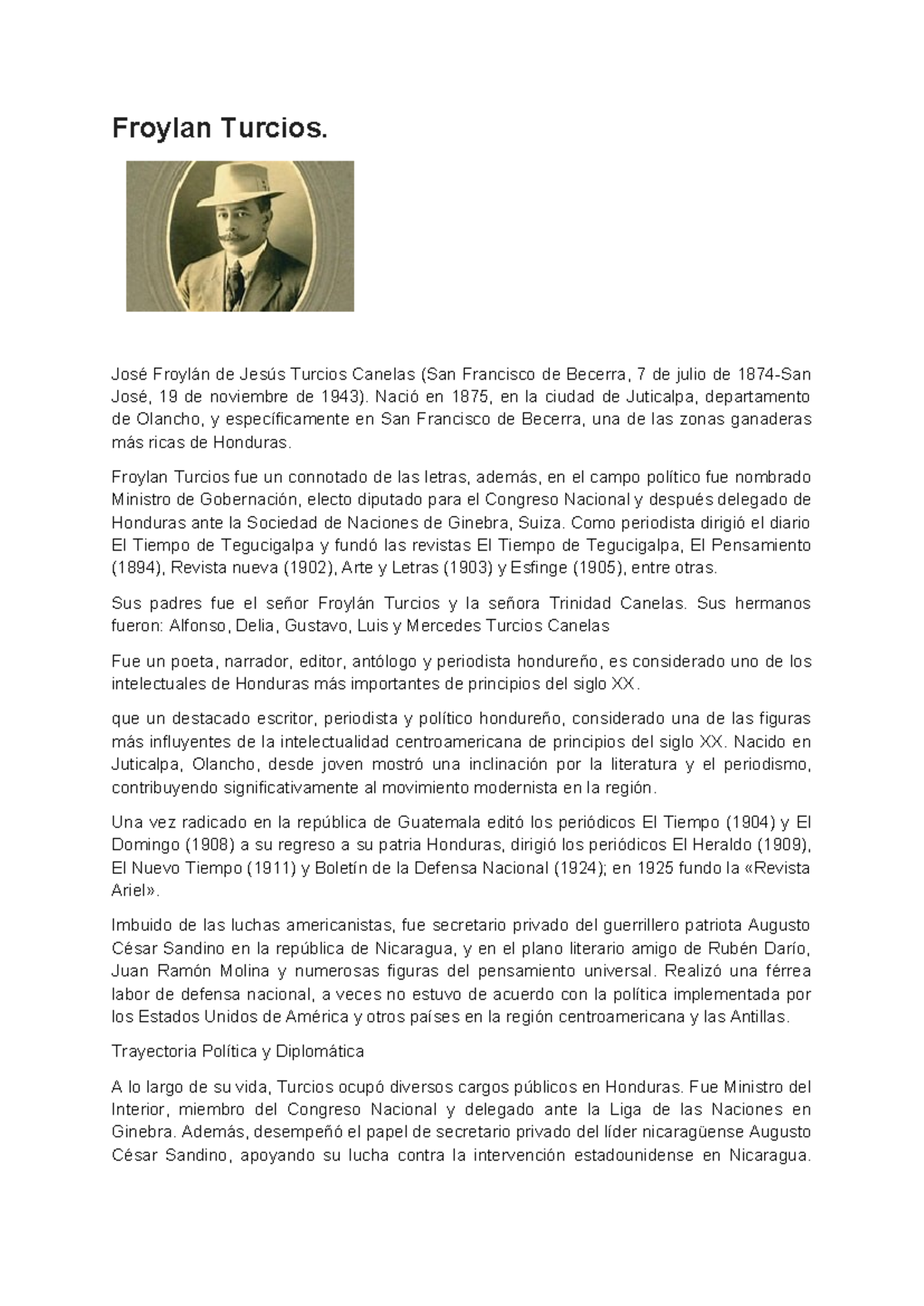 Froylan Turcios: Vida, Obra y Legado del Intelectual Hondureño - Studocu