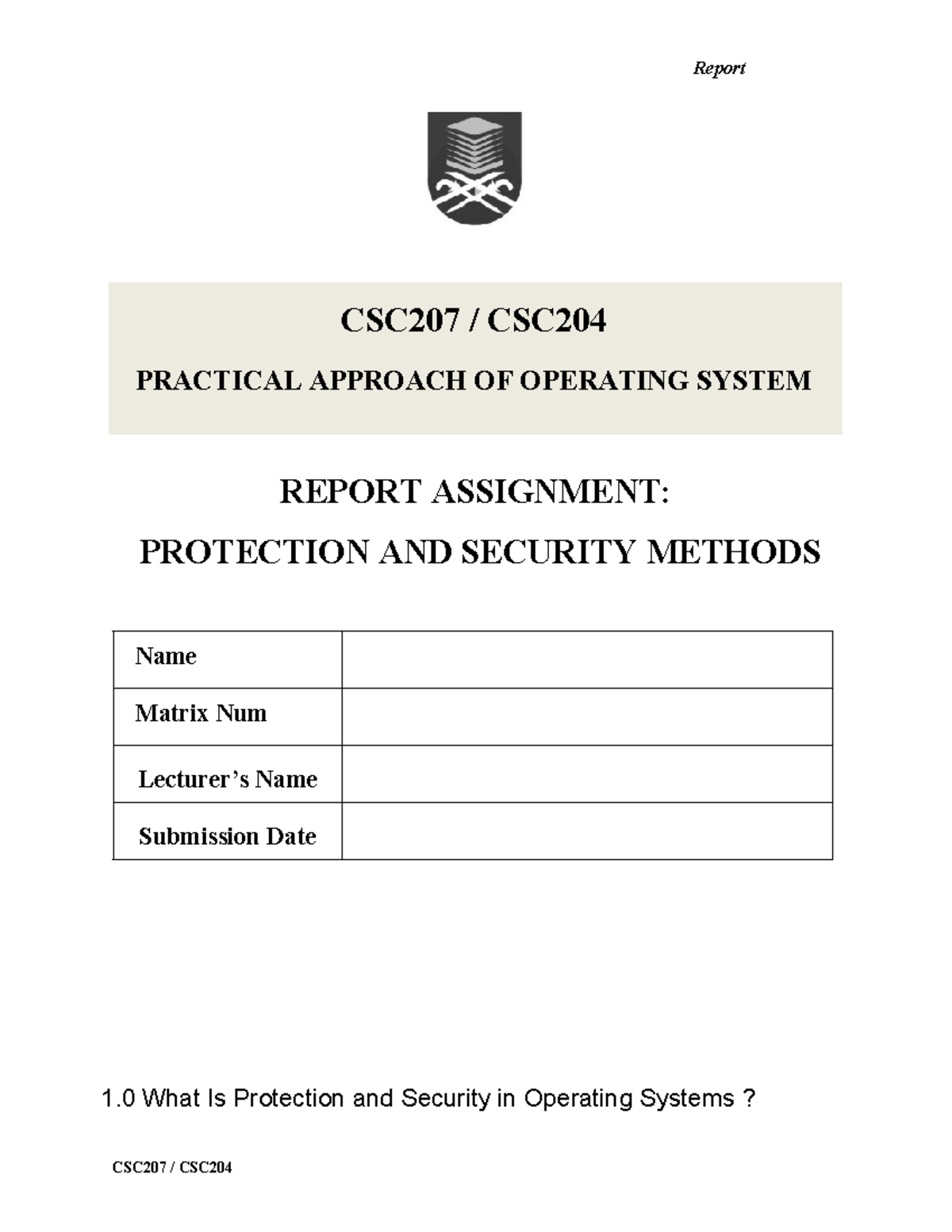 CSC 207 Individual Assignment - Assignment REPORT ASSIGNMENT: PROTECTION AND SECURITY METHODS ...