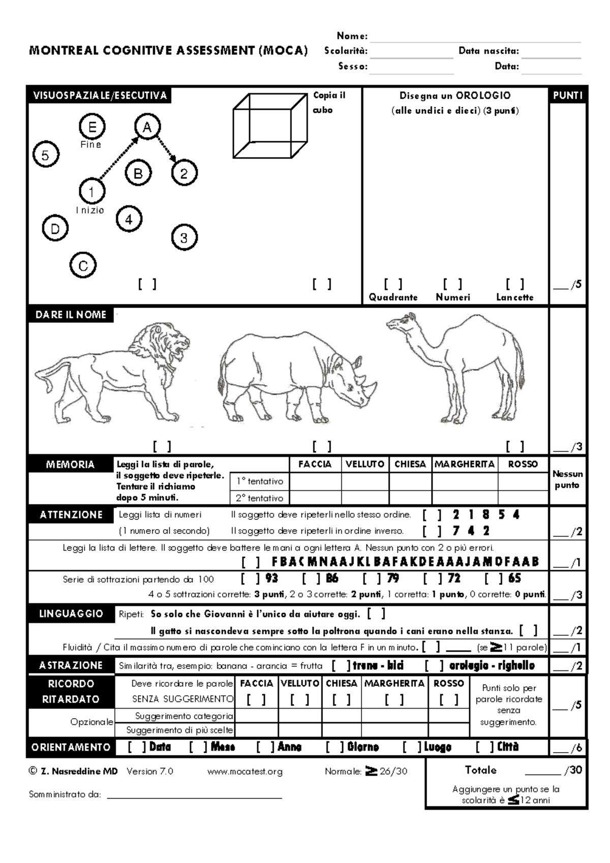 Montreal Cognitive Assessment (MOCA) - Test e Istruzioni - Studocu