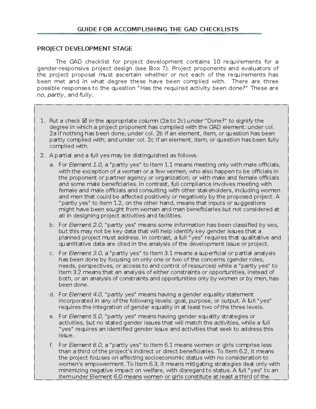 GAD Checklist for Project Development - HGDG Assessment Guide - Studocu