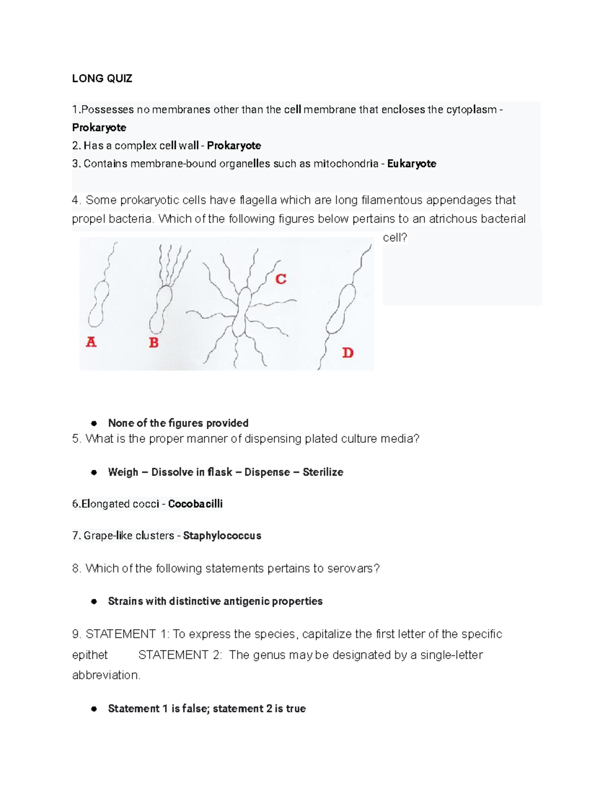 LONG QUIZ 1 Micro 2 - hiasssd - LONG QUIZ 1 no membranes other than the ...