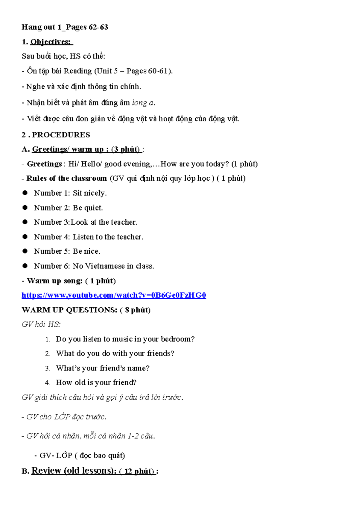 Lesson Plan: Hang Out 1 - Unit 5 (Pages 62-63) - Studocu