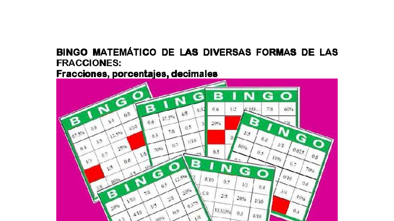 BINGO MATEMÁTICO: Fracciones, Porcentajes y Decimales - Juego Educativo ...