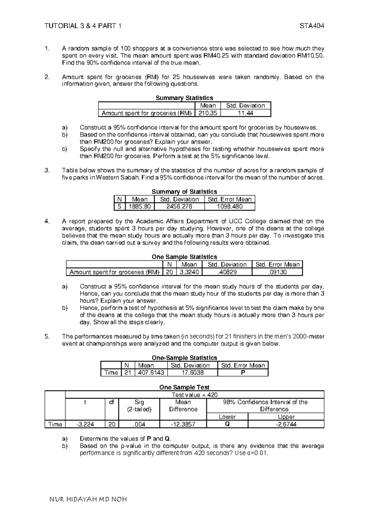 Tutorials on Statistical Analysis and Hypothesis Testing STA404 - Studocu