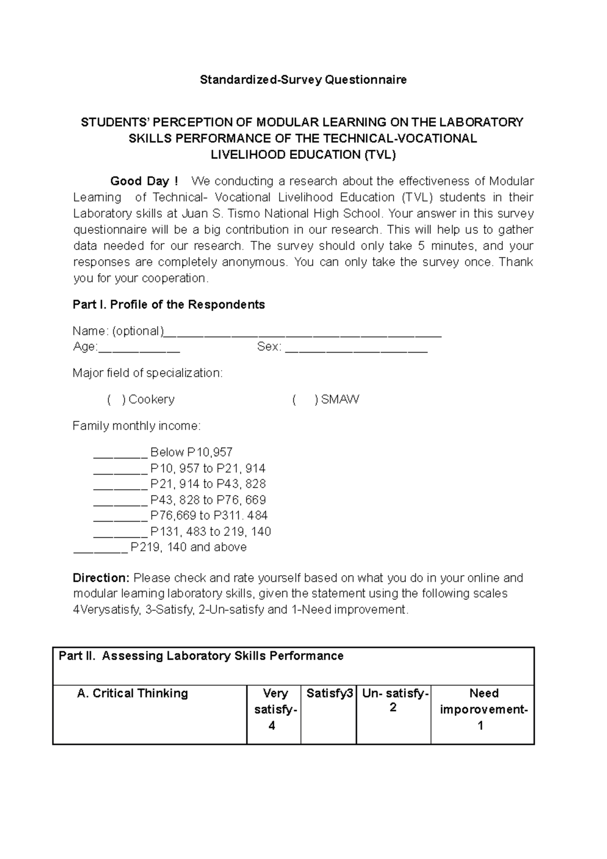 Standardized-Survey Questionnaire - Standardized-Survey Questionnaire ...