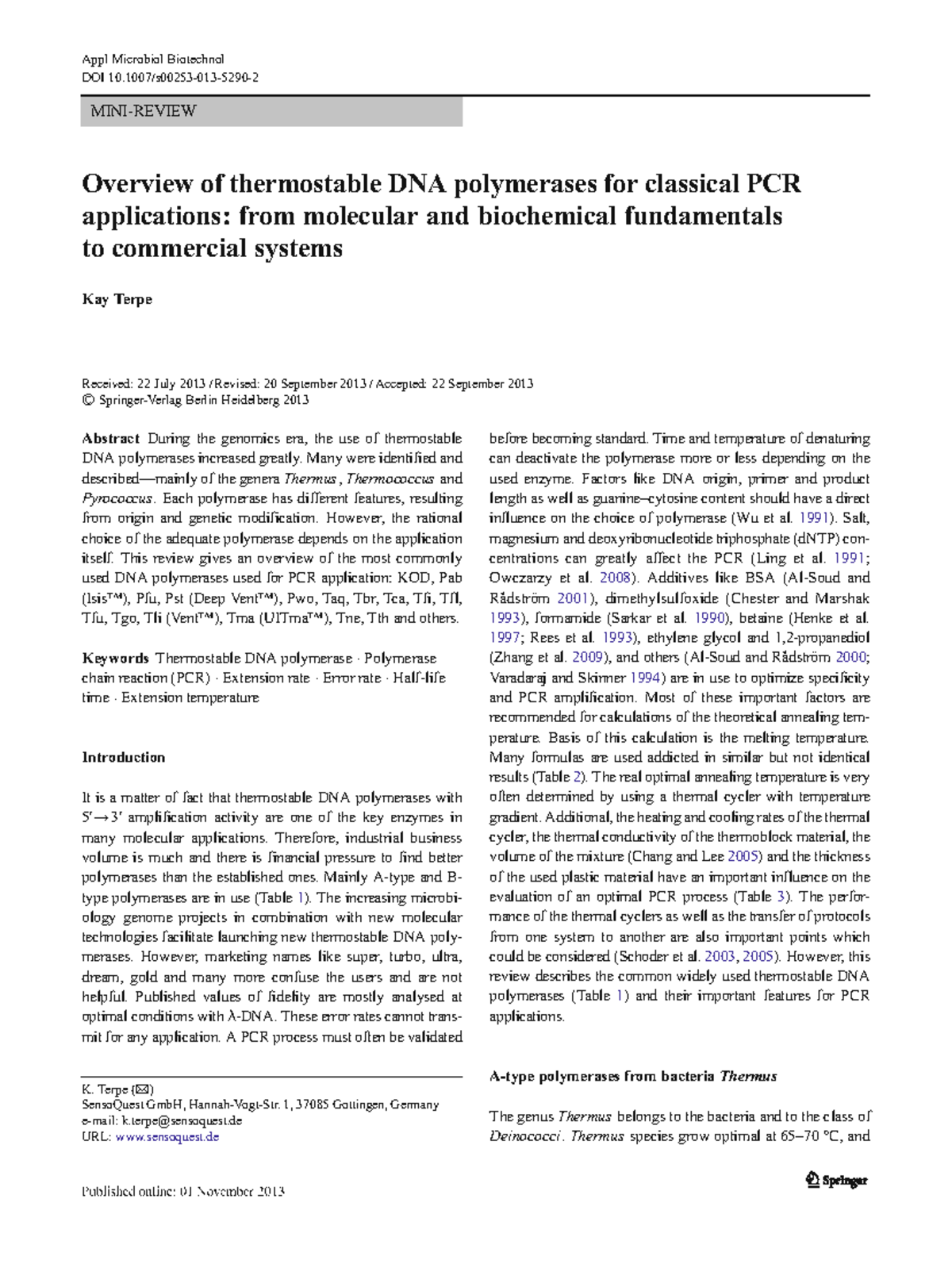 Overview of Thermostable DNA Polymerases for PCR Applications (Appl ...