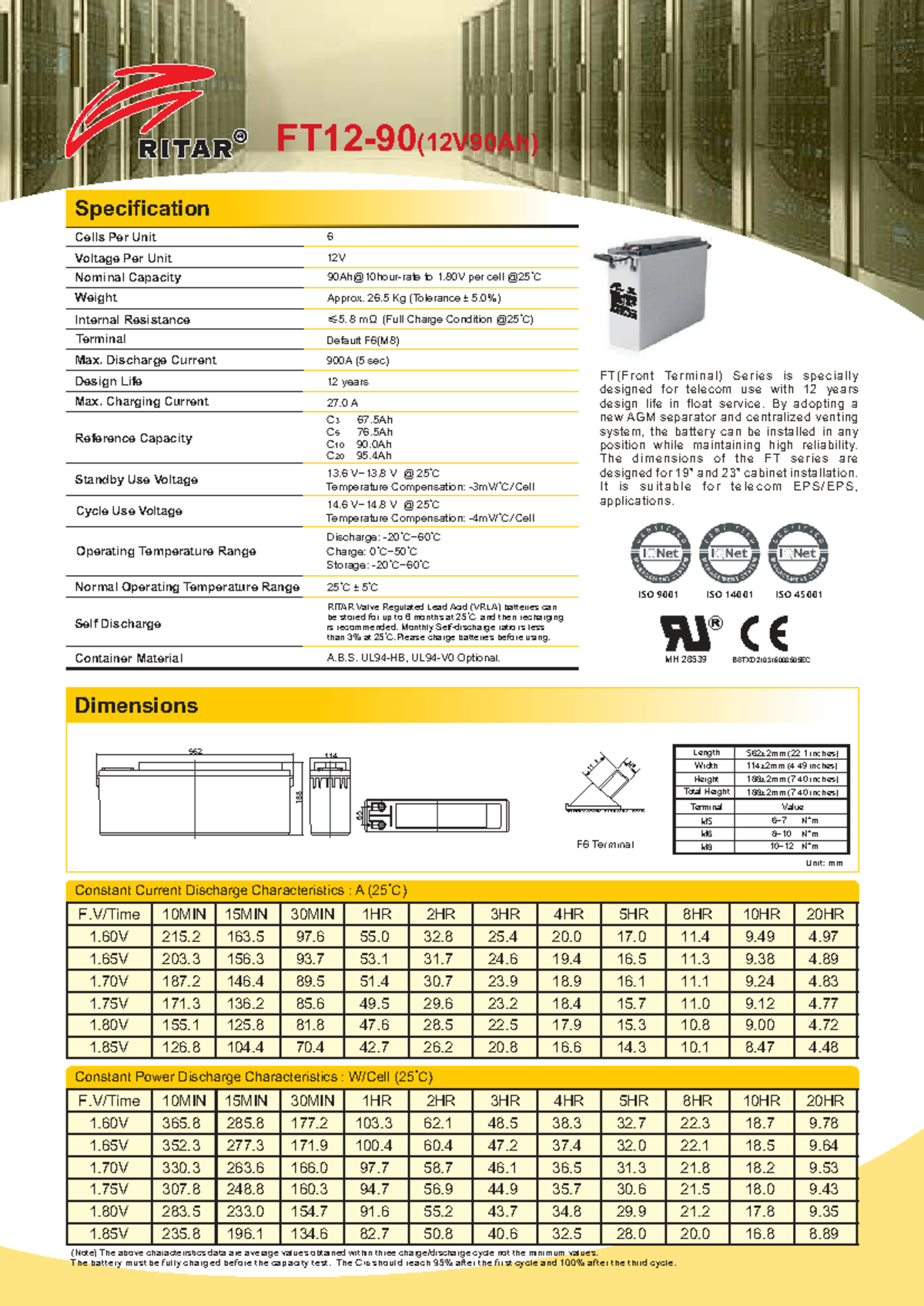 (HT) Ritar FT12-90 - Technical Specifications for Sealed Batteries ...