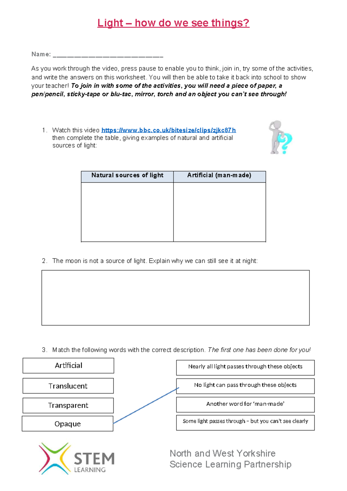 Worksheet: Light and How We See Things (KS2) - Studocu