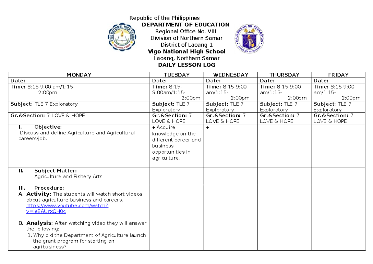 DLL 2024-2025 - Daily Lesson Log for TLE 7 and 9 Classes - Studocu