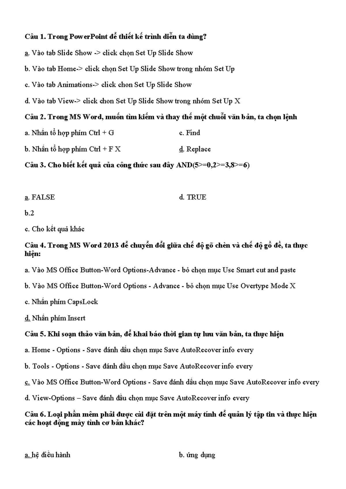 TRẮC NGHIỆM TIN - ÔN TẬP MS OFFICE 2013 - Studocu