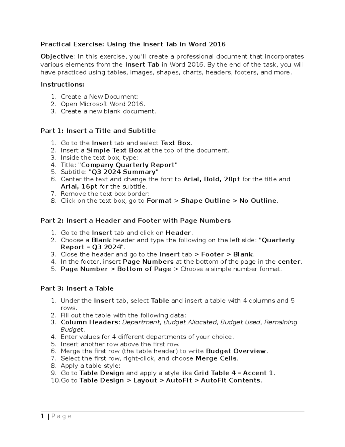 Practical Exercise: Utilizing the Insert Tab in Word 2016 - Studocu