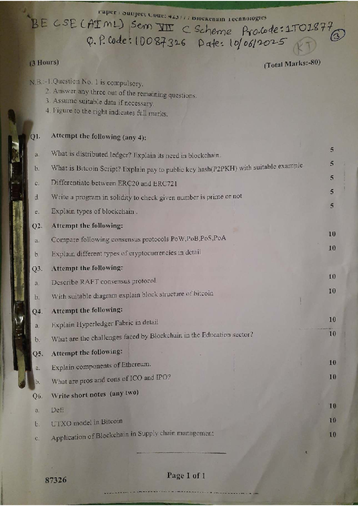 Blockchain Technologies BE CSE (AIML) Sem VII Q.P. 10087326 Exam Paper ...