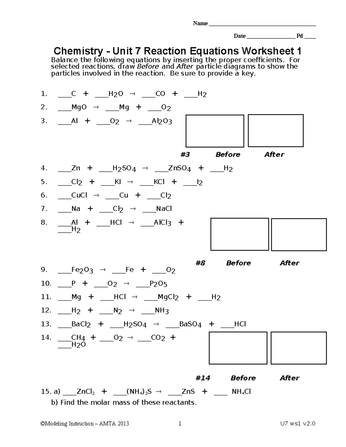 Chemistry U7 Final Exam: Balancing Reaction Equations Worksheet 1 - Studocu