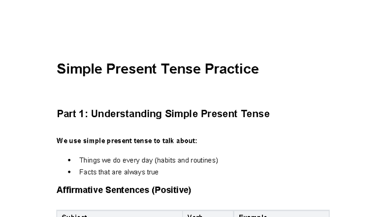 Simple Present Tense Practice Part 1: Exercises & Answer Key - Studocu
