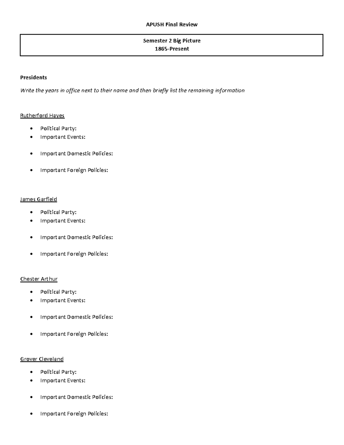 APUSH Final Review: Semester 2 Overview (1865-Present) - APUSH Final ...