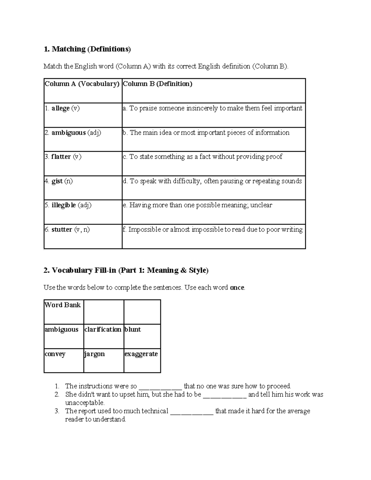 1. Vocabulary Matching and Exercises for English Definitions - Studocu