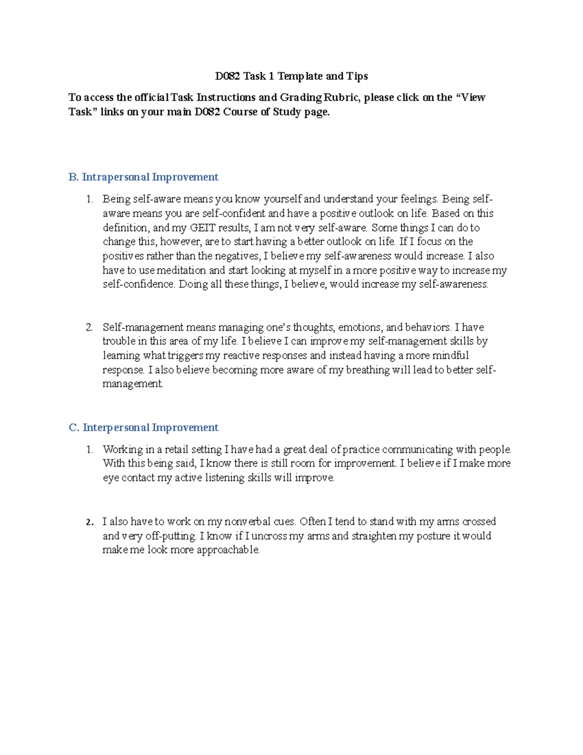 D082 Emotional and Cultural Intelligence Task 1 - D082 Task 1 Template and Tips To access the ...