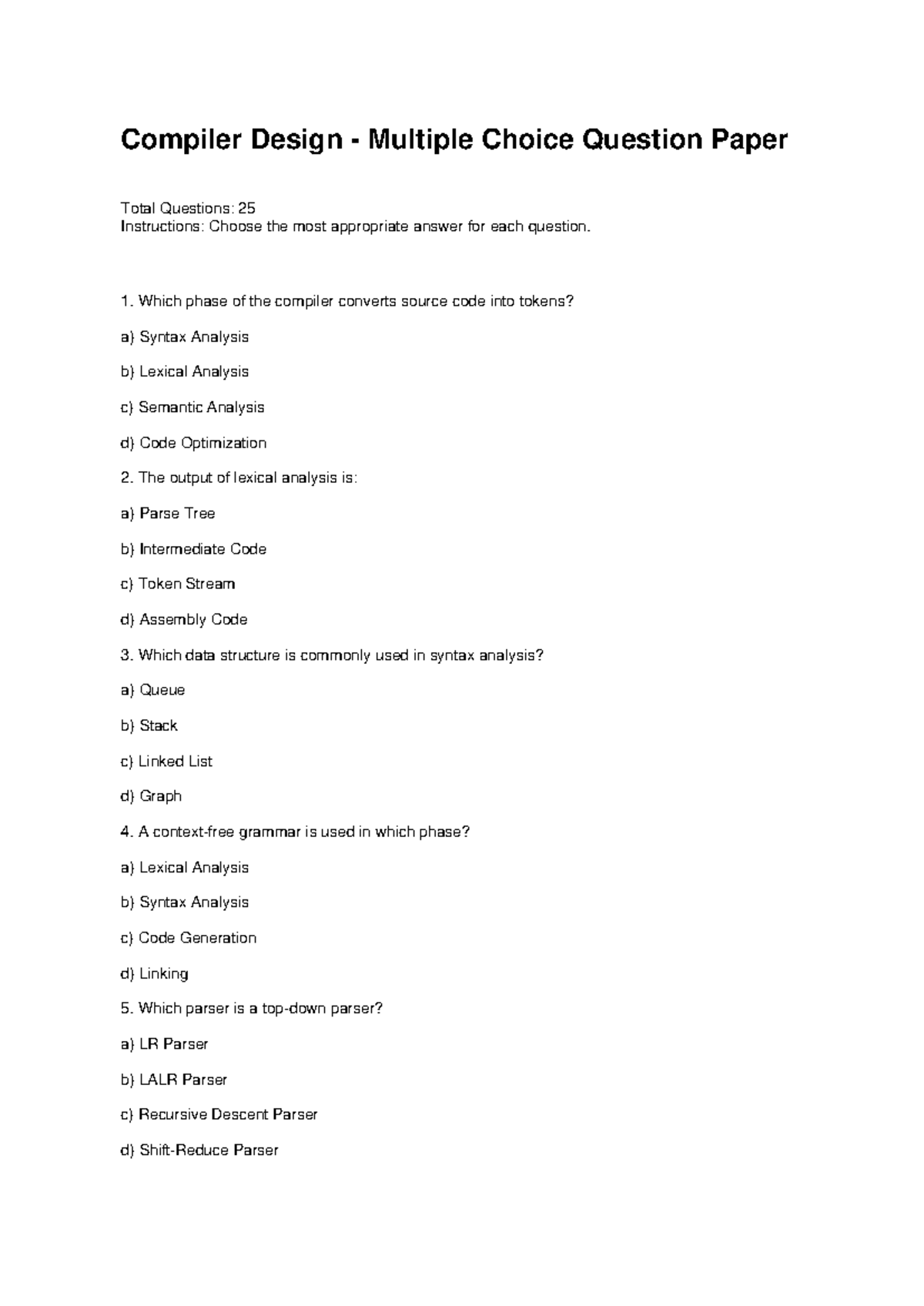 Compiler Design MCQ Paper (Total Questions: 25) - Studocu