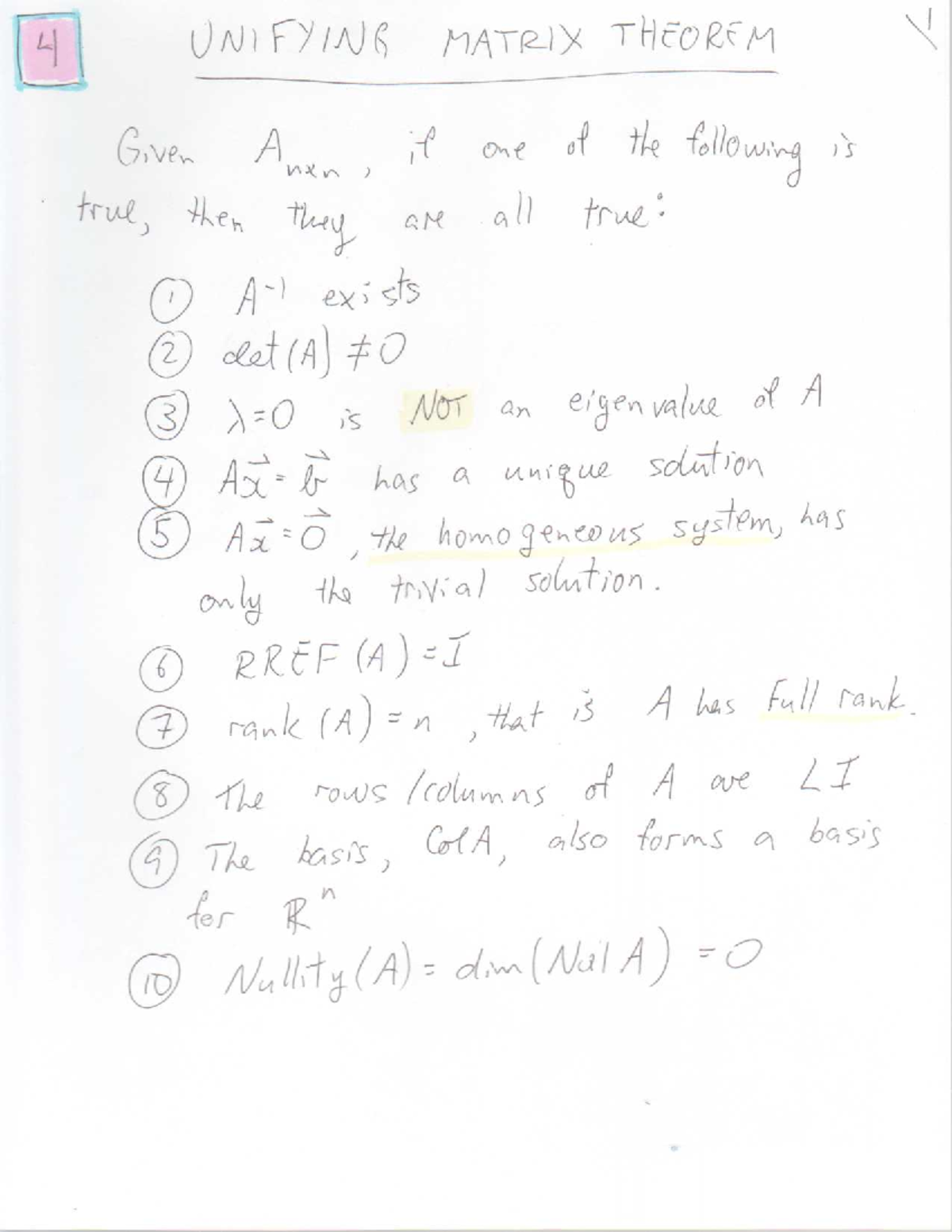 Notes on Unifying Matrix Theorem - Math 2004 - 4 UNIFYING MATRIX ...