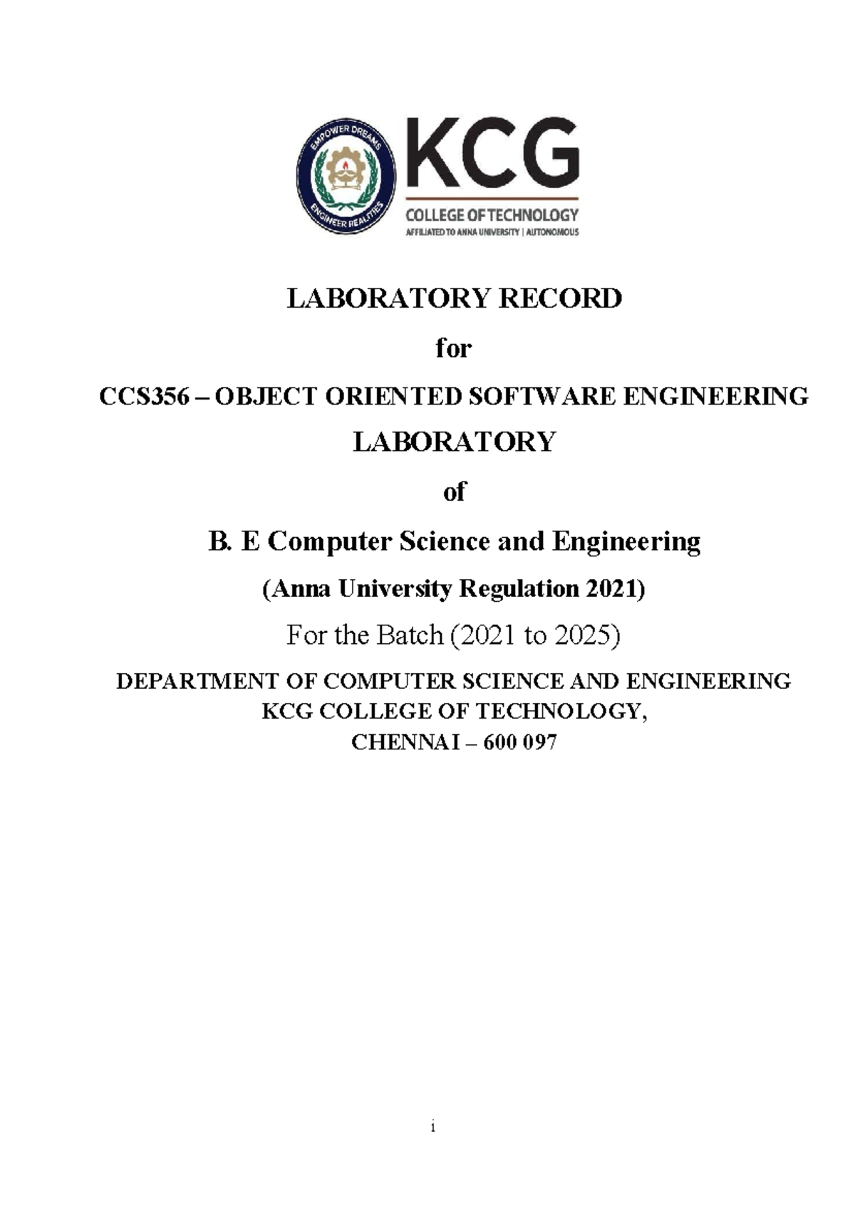 CCS356 Object-Oriented Software Engineering Lab Report - 6th SEM - Studocu