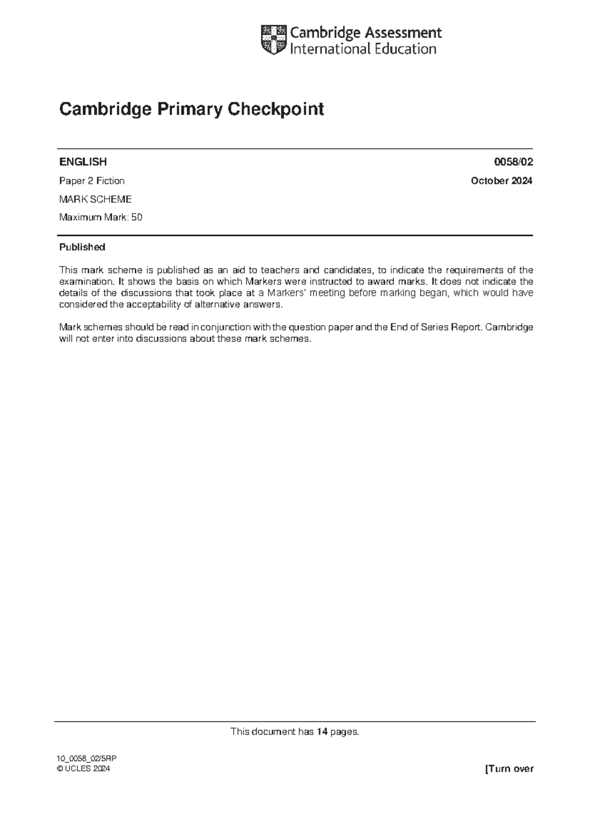Cambridge Primary Checkpoint ENGLISH Paper 2 Fiction Mark Scheme - Oct ...