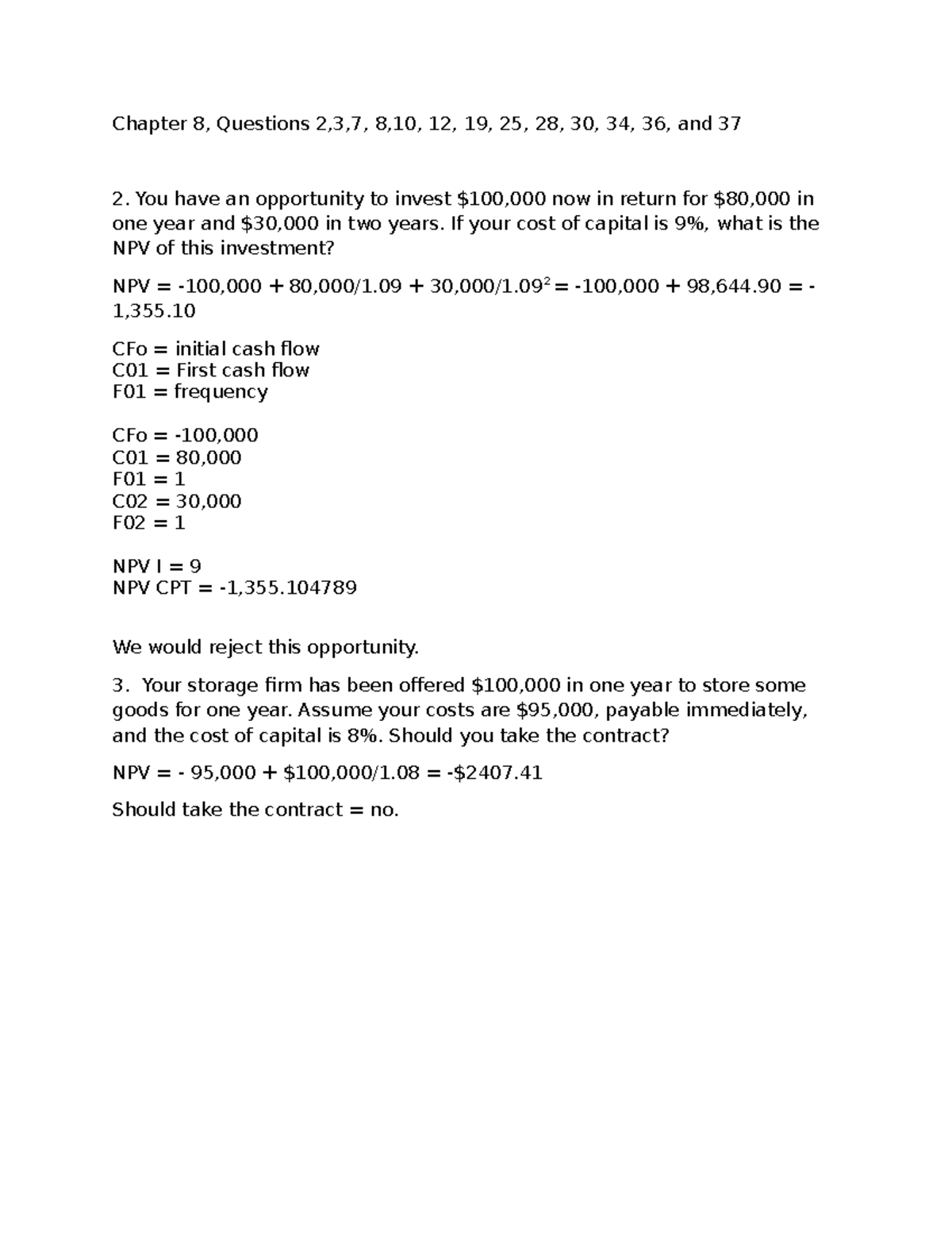 Chapter 8 In-Class Problems: NPV and Investment Analysis - Studocu