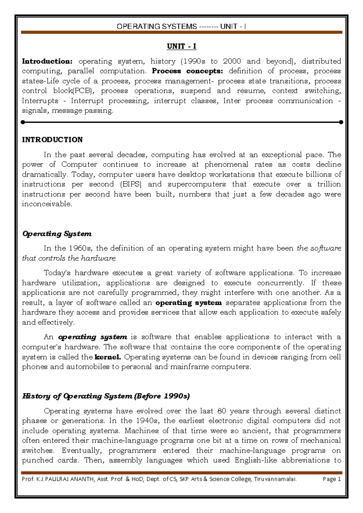 OS - Unit I: Introduction to Operating Systems and Process Concepts ...