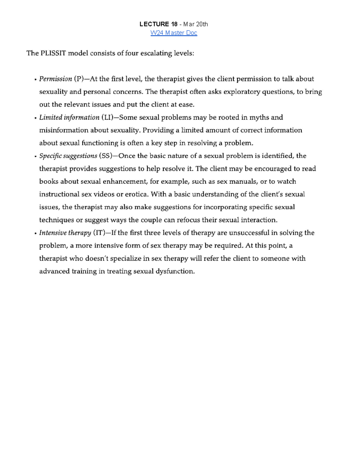 FRHD 2100 Week 10 - Lecture on the PLISSIT Model in Sex Therapy - Studocu