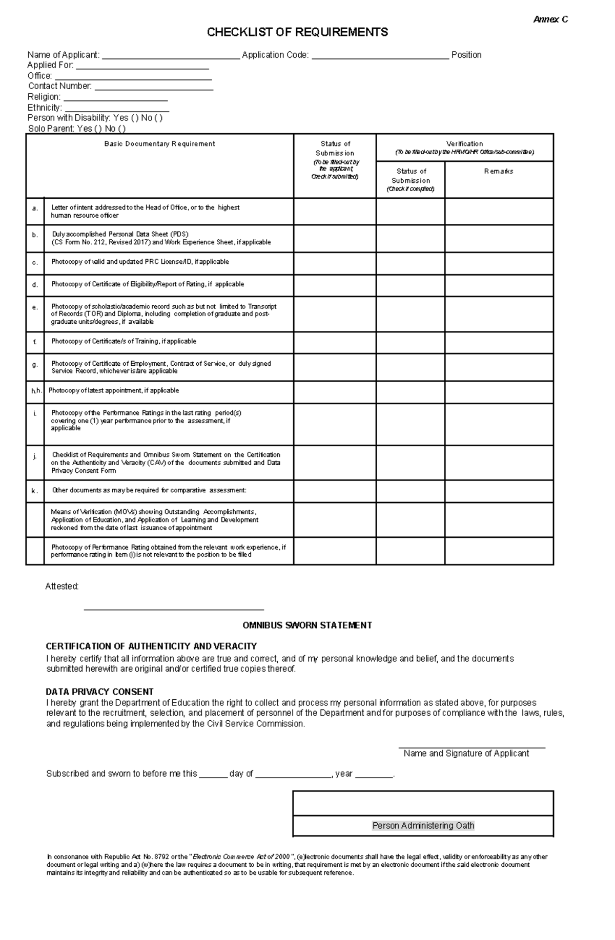 Annex C: Checklist of Requirements for Application Process - Studocu