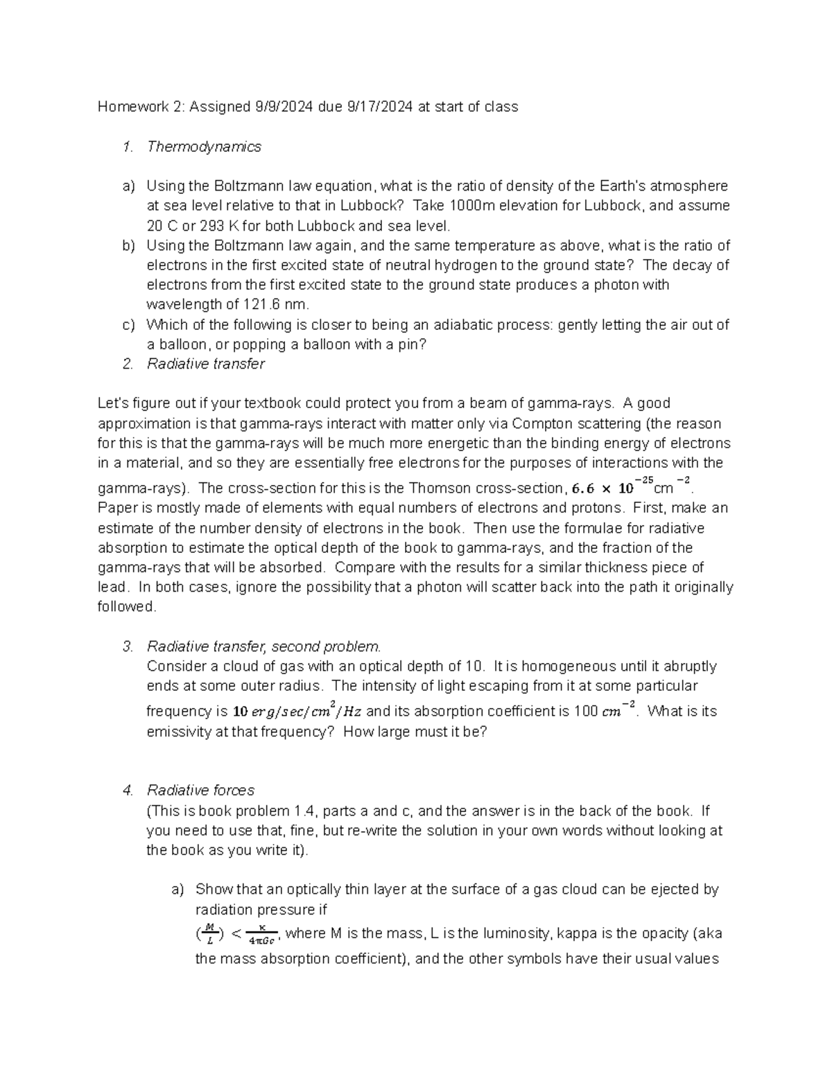 Rad Processes hw - Homework 2: Assigned 9/9/2024 due 9/17/2024 at start ...