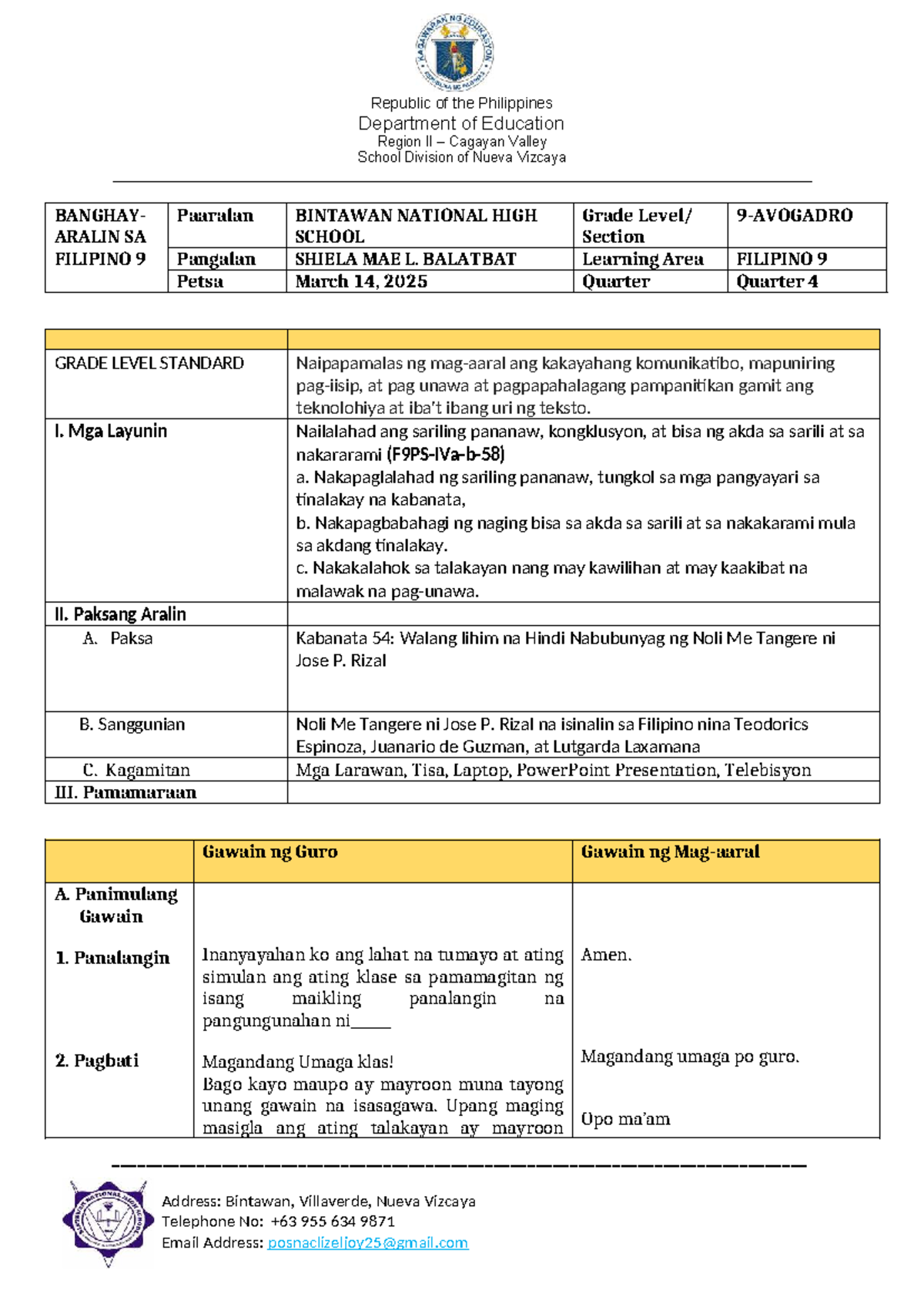 Banghay-Aralin sa Filipino 9: Kabanata 54 ng Noli Me Tangere - Studocu